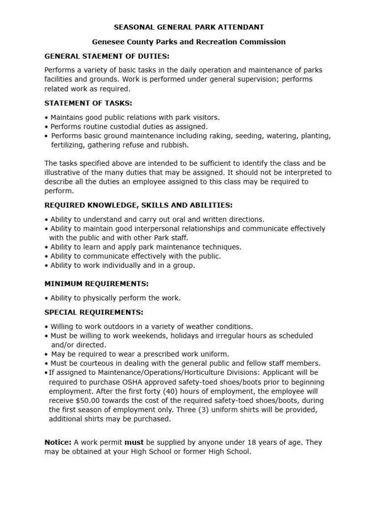 Seasonal General Park Attendant | PDF