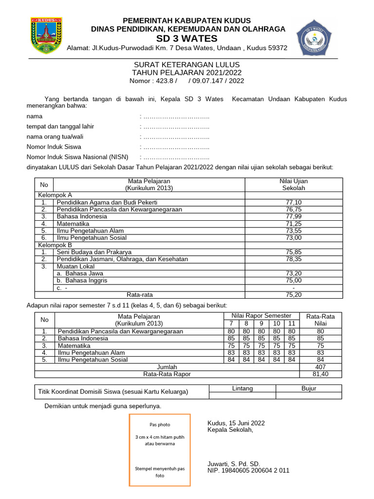 Surat Keterangan Lulus SD 2022 | PDF