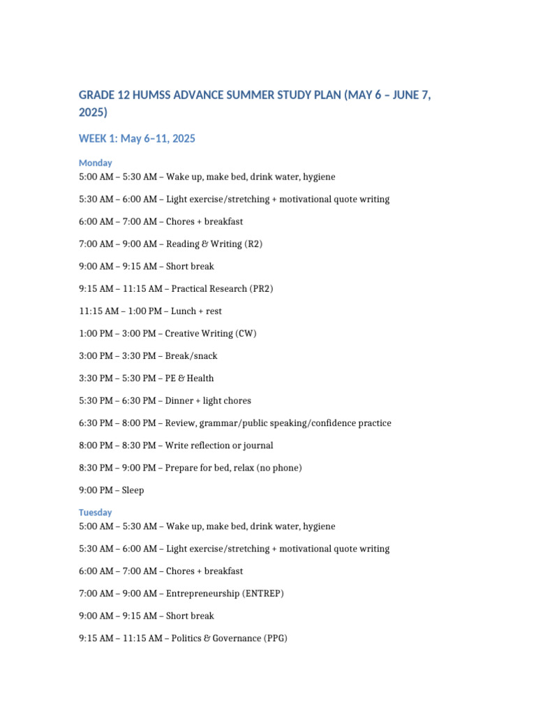 G12 HUMSS StudyPlan With Chores Eating (2) | PDF | Lunch | Sleep