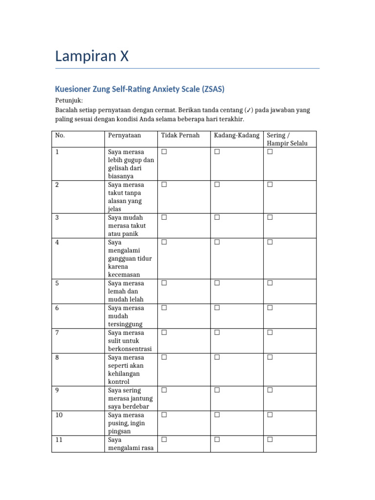Lampiran Kuesioner Zung SAS | PDF