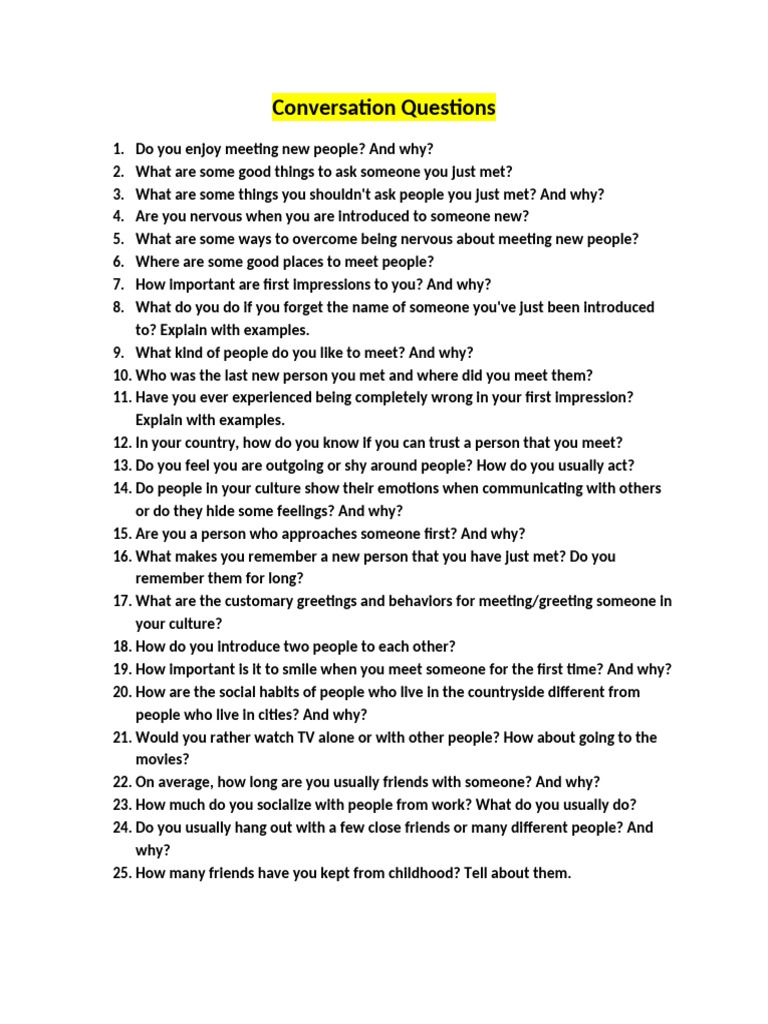 Meeting New People Conversation Questions | PDF