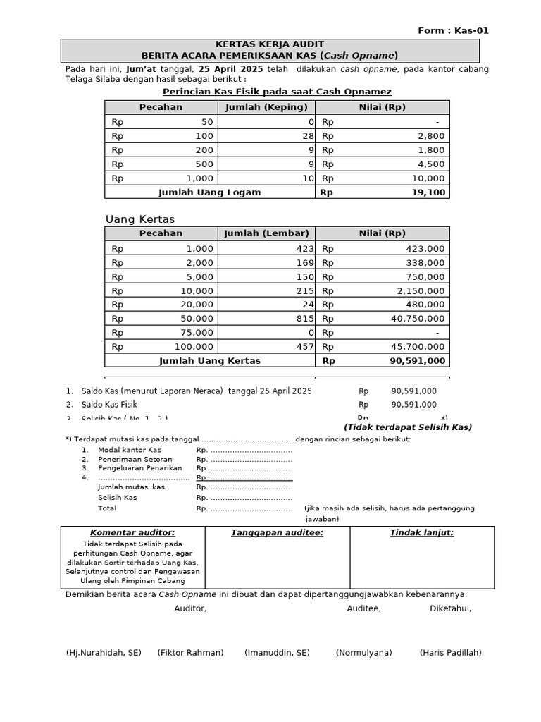 Laporan Cash Opname 25 April 2025 | PDF