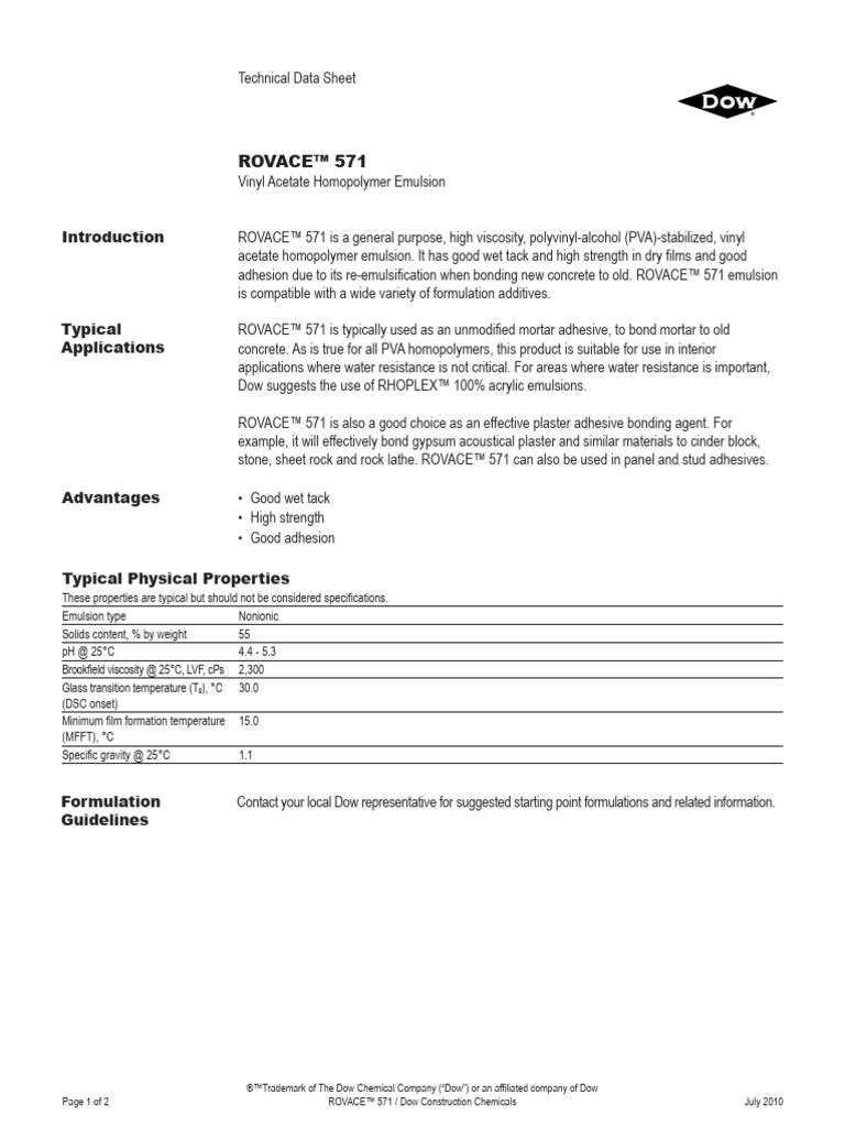 832 00178 01 Rovace 571 Vinyl Acetate Homopolymer Emulsion | PDF | Adhesive | Plaster