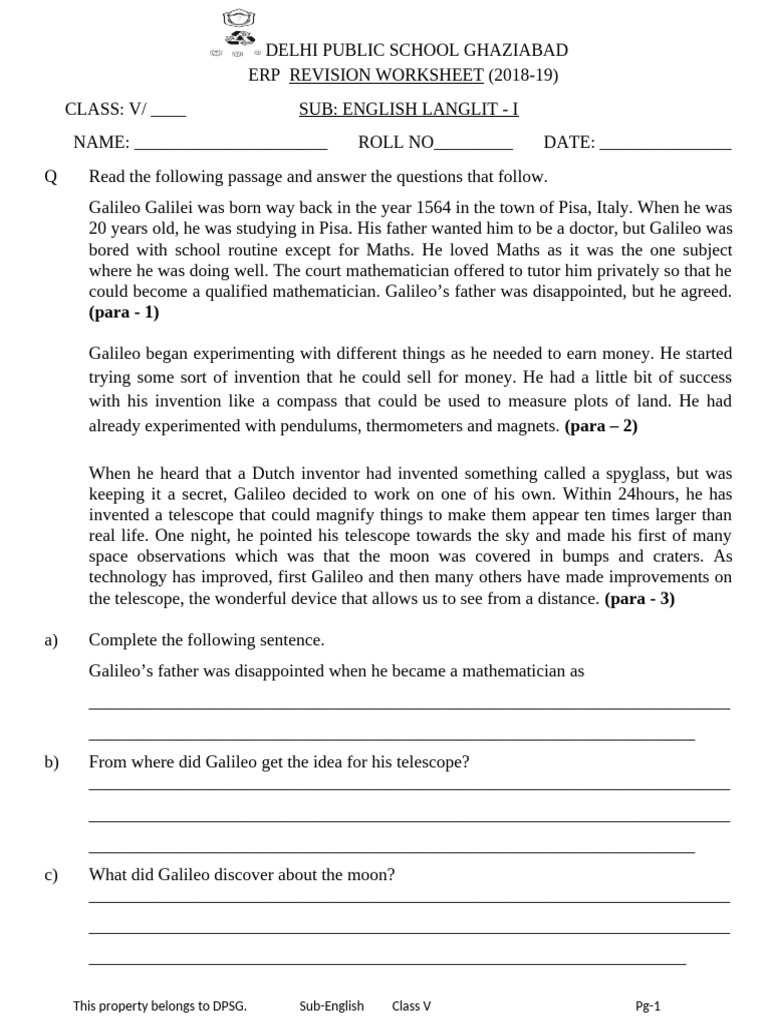 ERP CLASS V REVISION WORKSHEET | PDF | Galileo Galilei | Telescope