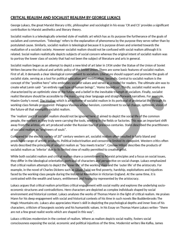 Critical Realism and Socialist Realism by George Lukacs | PDF ...