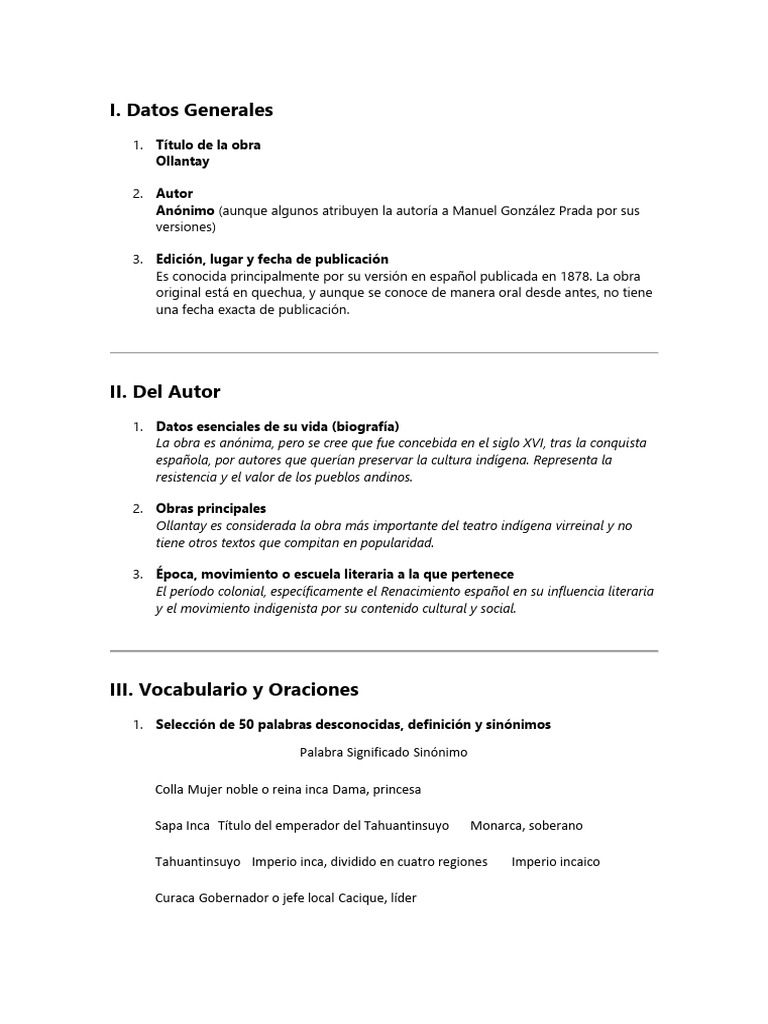 Análisis de "Ollantay": Teatro Indígena | PDF | Imperio Inca | Andes
