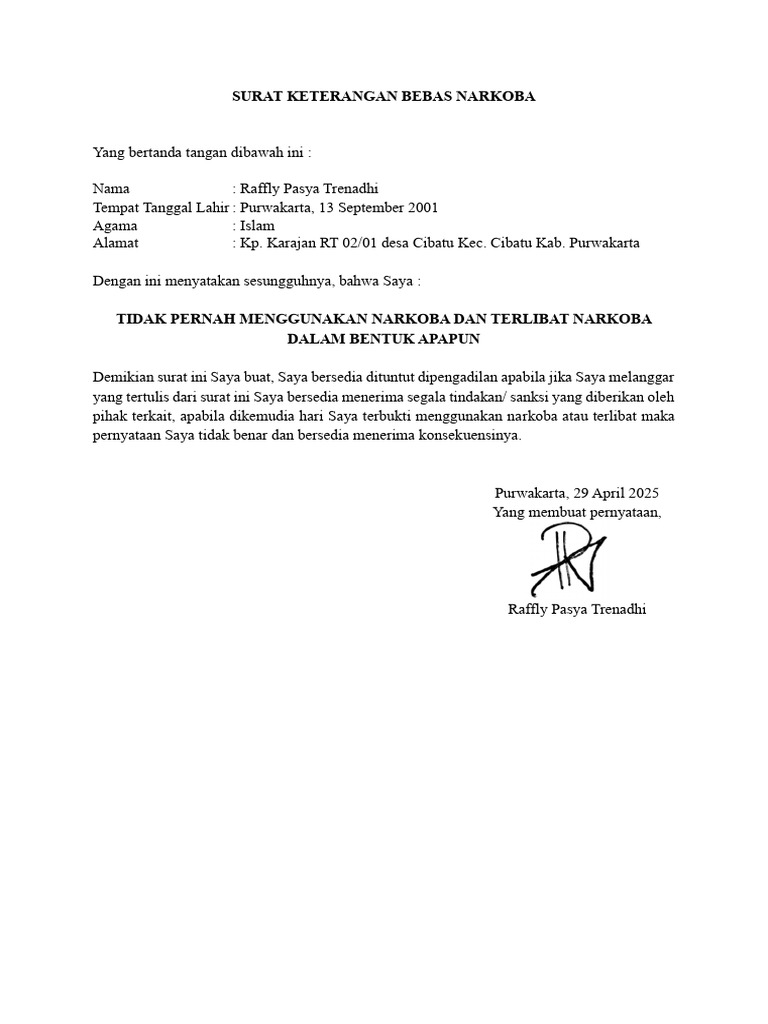 Surat Keterangan Bebas Narkoba | PDF
