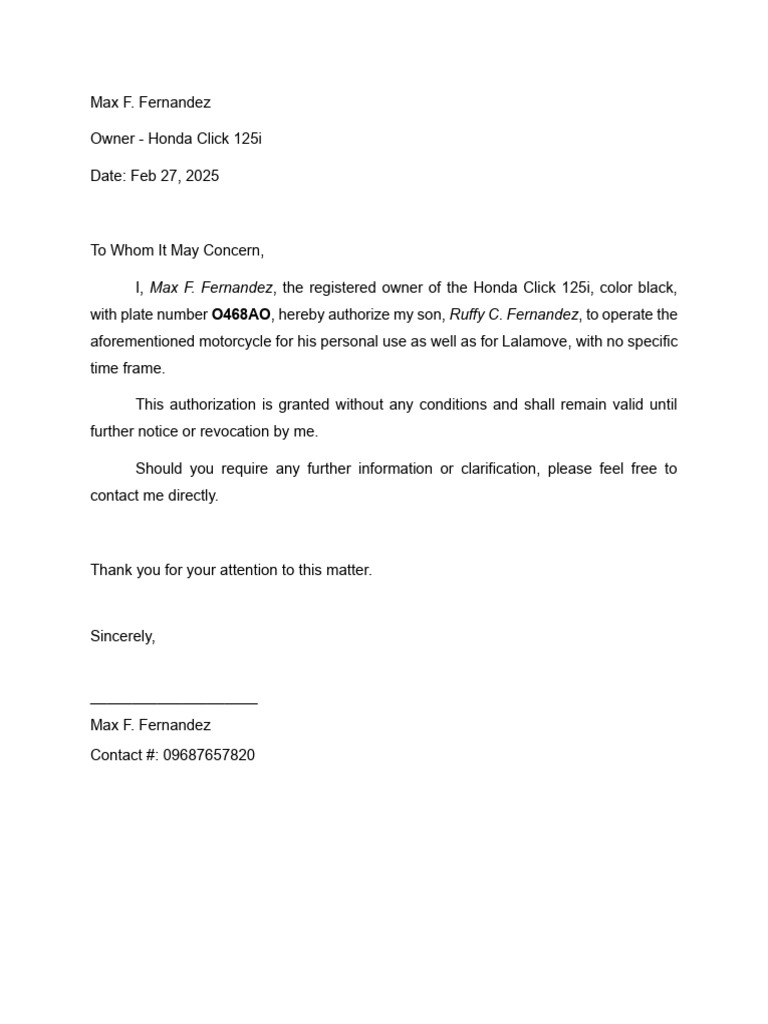 Authorization Letter for Motorcycle Use | PDF