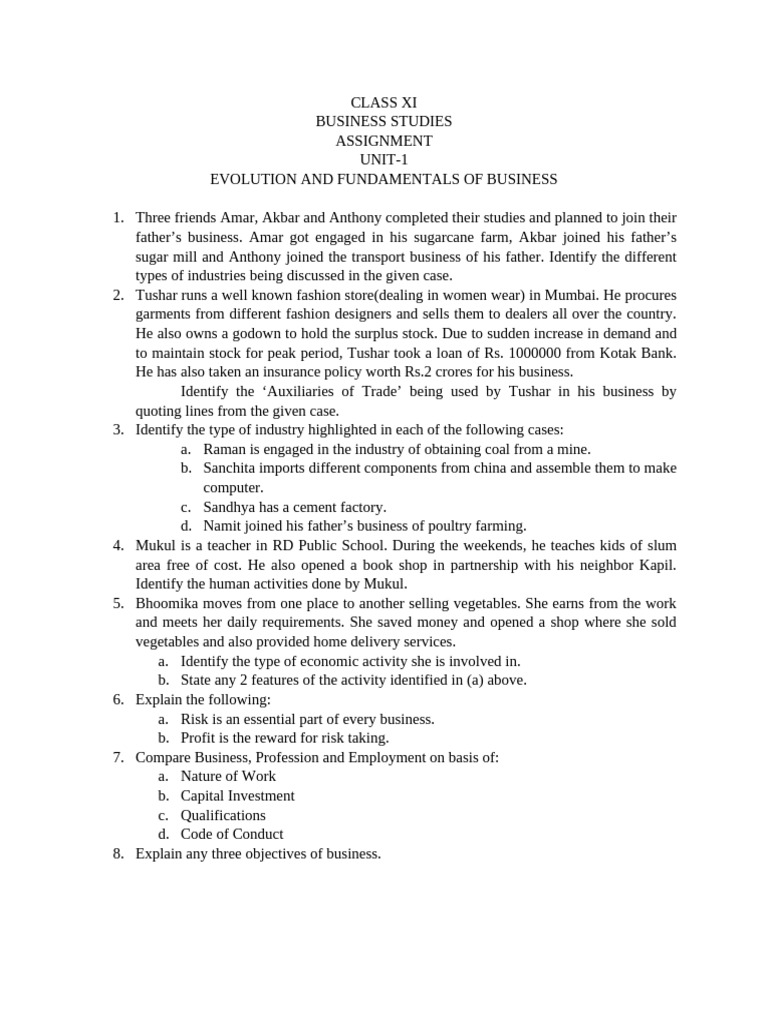 Unit-1 Assignment BST Class Xi | PDF