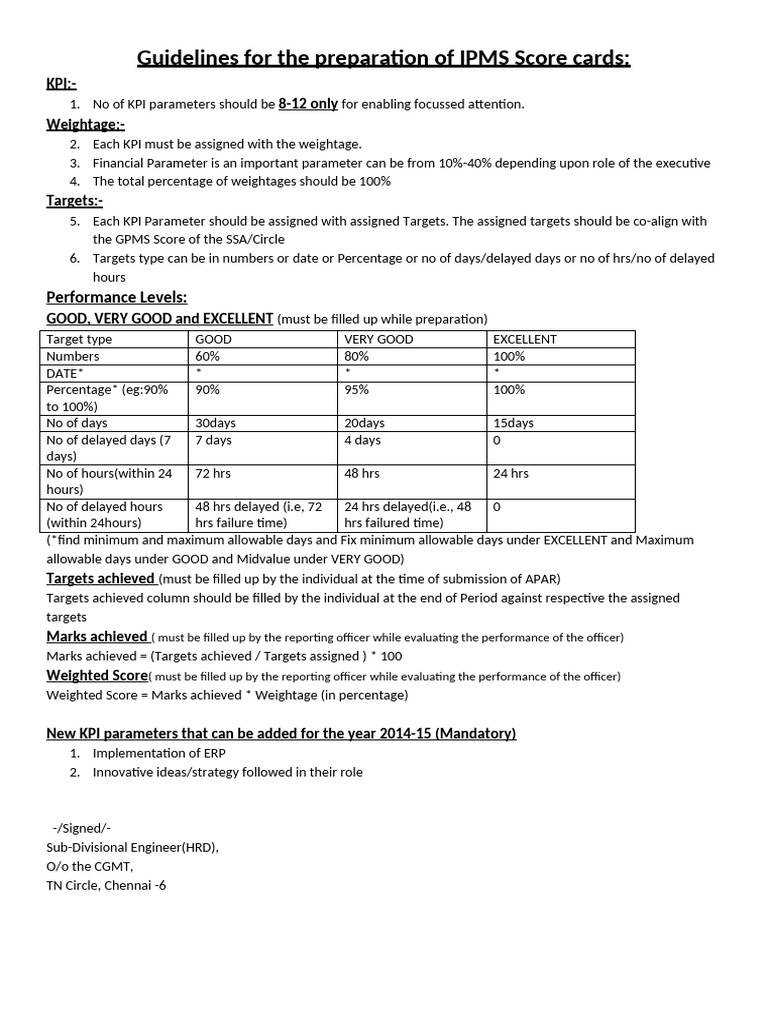 Guidelines For The Preparation of IPMS Score Cards Reg | PDF