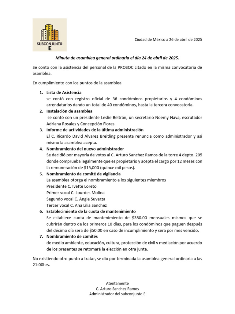 Minuta de Junta 24 de Abril 2025 | PDF