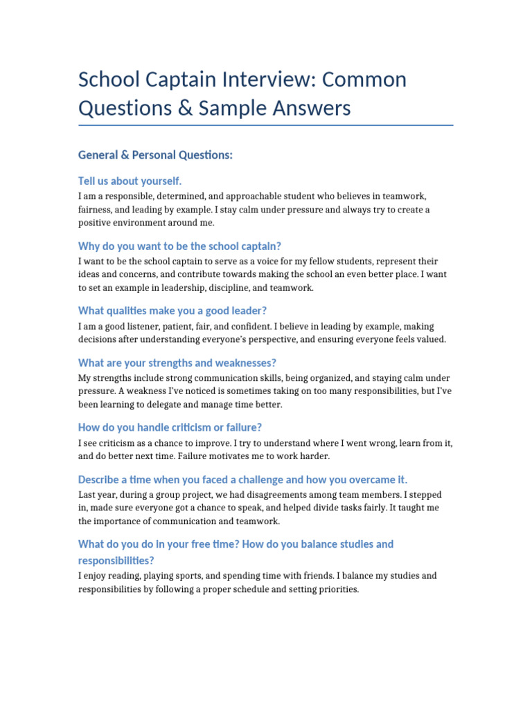 School Captain Interview Questions | PDF | Leadership | Learning