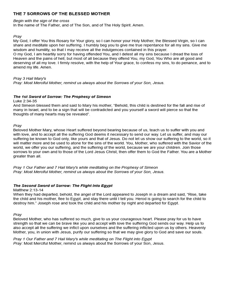 The 7 Sorrows of our Blessed Mother Chaplet | PDF | Jesus | Mary ...