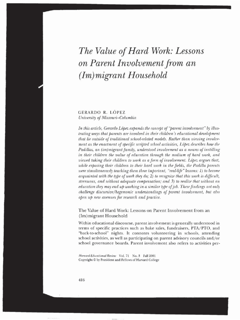 The Value of Hard Work Parent Involvement | PDF