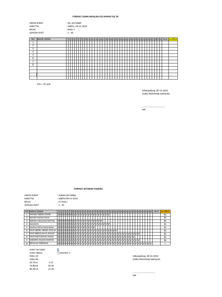 Format Setoran Tahfidz Juz 30 - 2024-2025 | PDF
