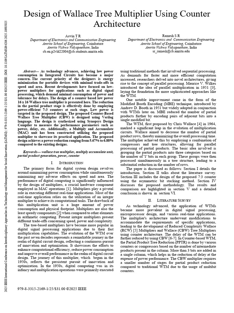 Design of Wallace Tree Multiplier Using Counter Architecture | PDF | Computing | Computer ...