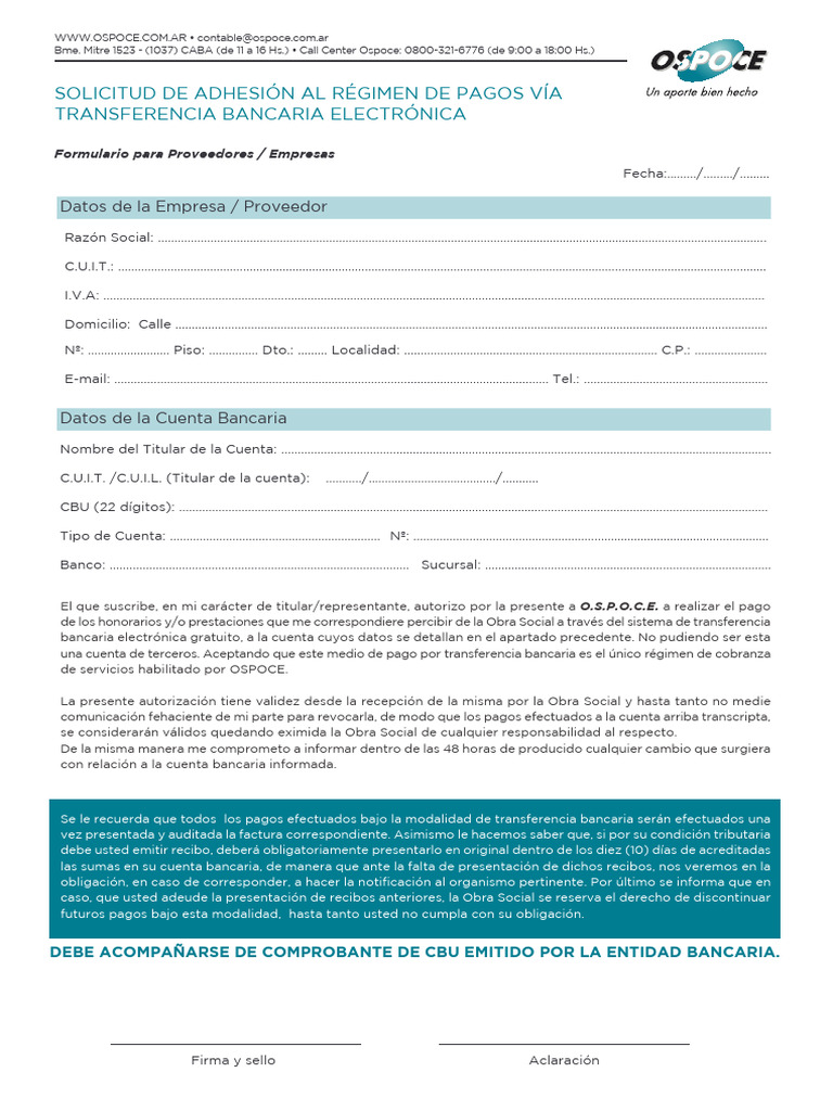 ANEXO 16 - Formulario de Adhesion A Transferencia Bancaria | PDF | Transferencia bancaria | Bancos