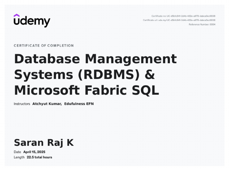 Dbms Udem Certificate (K Saran - 29) It-2a | PDF