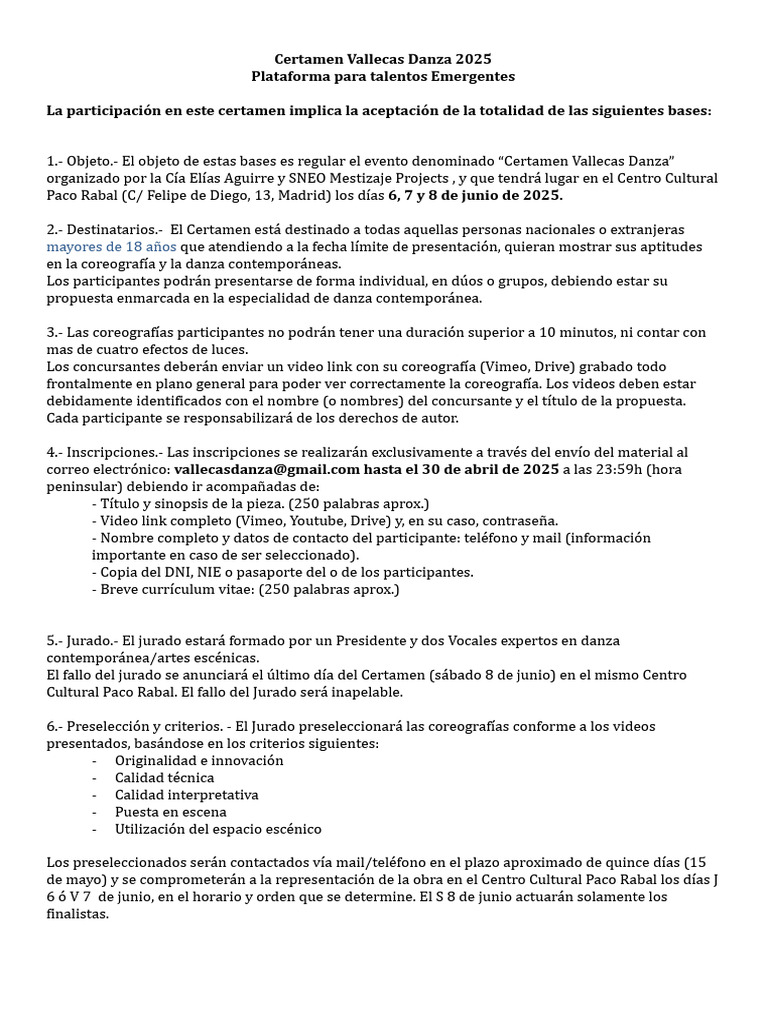 Bases Certamen Vallecas Danza 2025 | PDF