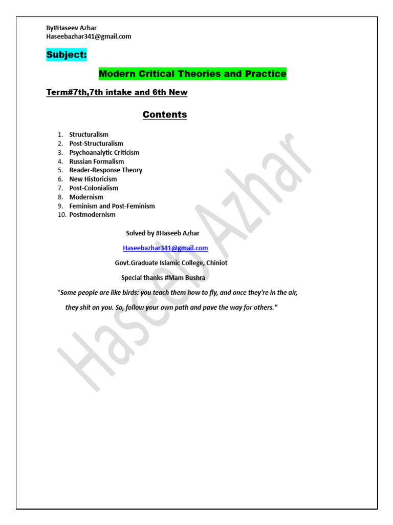 Literary Theory by Haseeb Azhar Term 7th, 7th Intake and 6th New | PDF ...