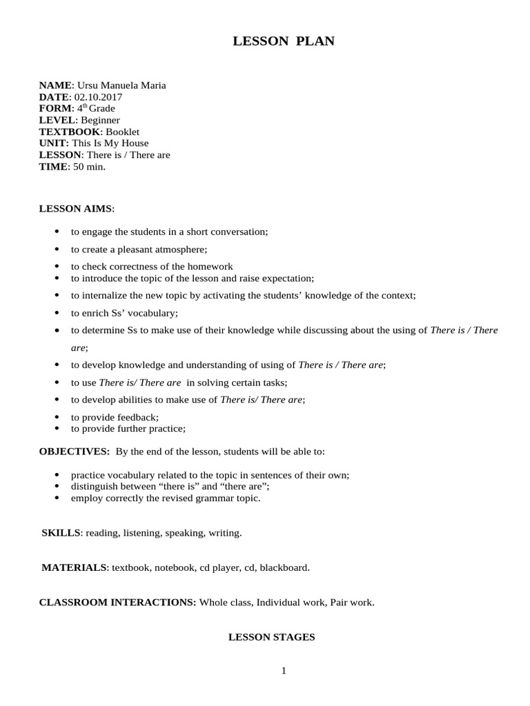4th Grade Lesson Plan: There is/There are | PDF | Lesson Plan | Teachers