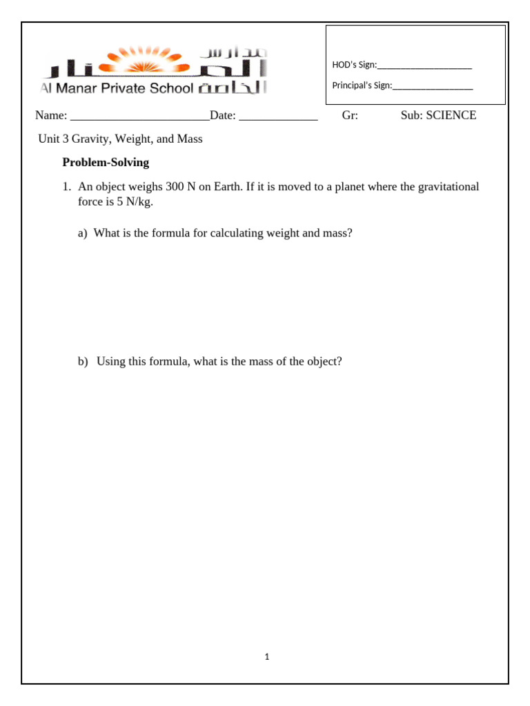 Weight and Mass Calculation Worksheet | PDF