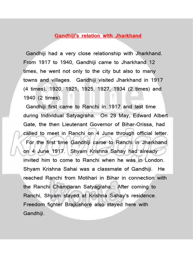 Gandhiji's Visits to Jharkhand | PDF | Mahatma Gandhi | Indian Nationalism