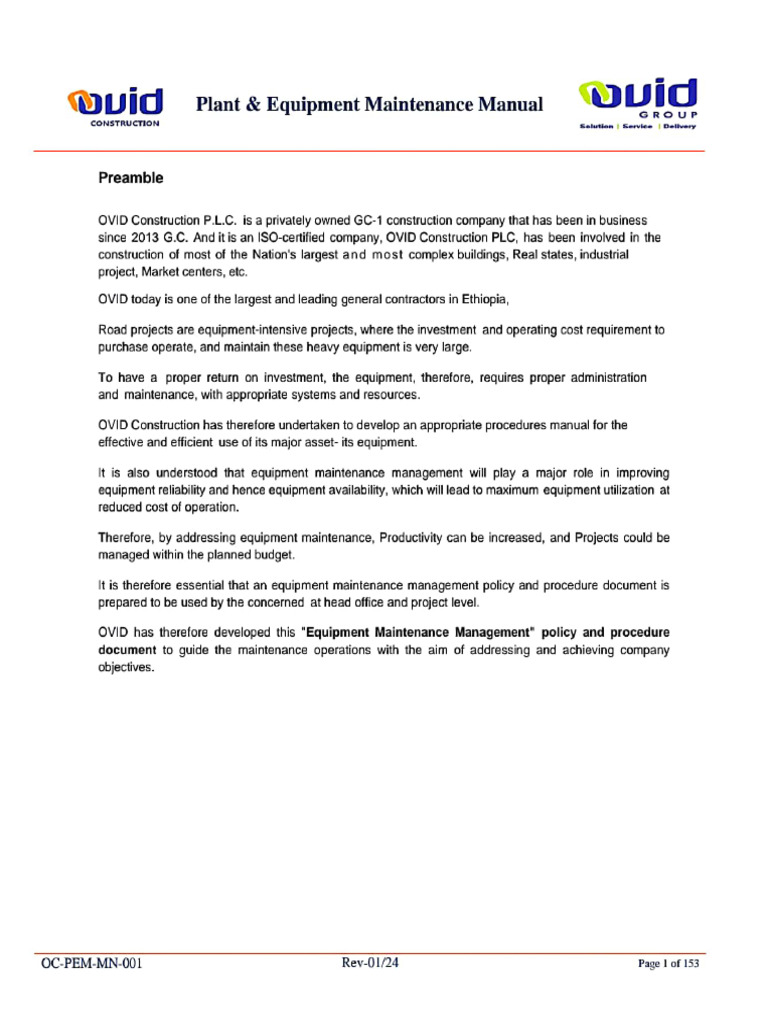 Equipment Maintenance Policy & Procedure of OVID Construction by ...