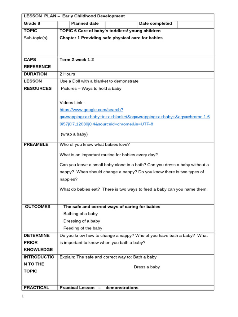 Early Childhood Baby Care Lesson Plan | PDF | Human Life Stages | Human ...