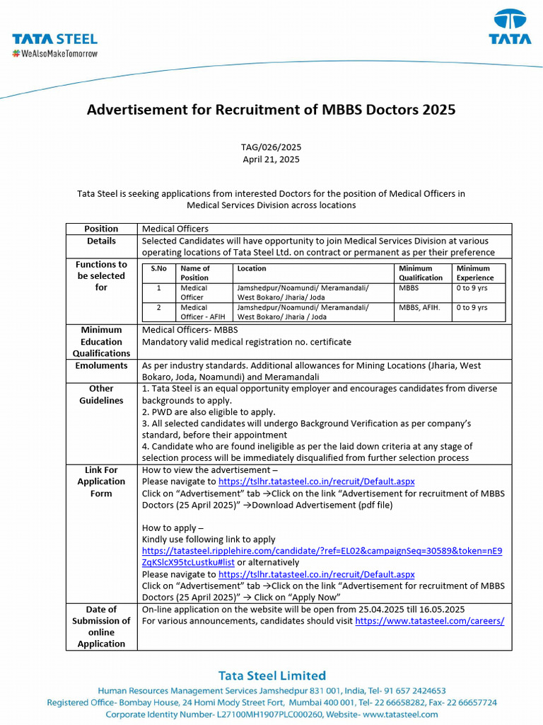 Tata Steel MBBS Doctor Recruitment 2025 | PDF | Recruitment