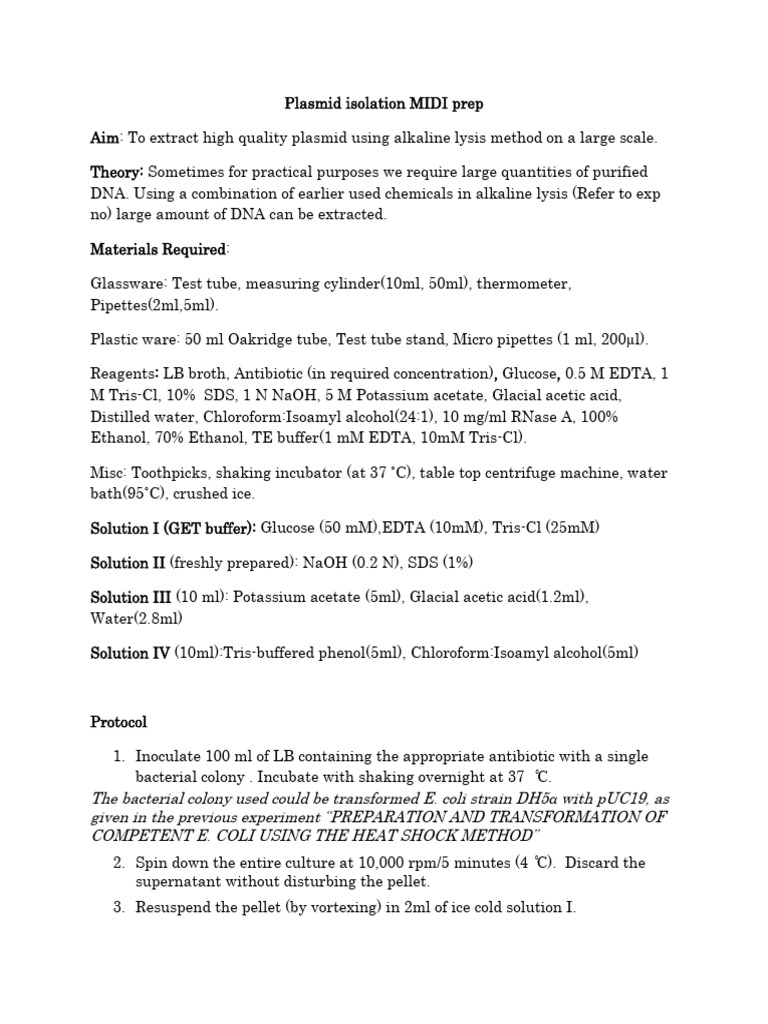 Plasmid Isolation - MIDI Prep | PDF | Precipitation (Chemistry) | Chemistry