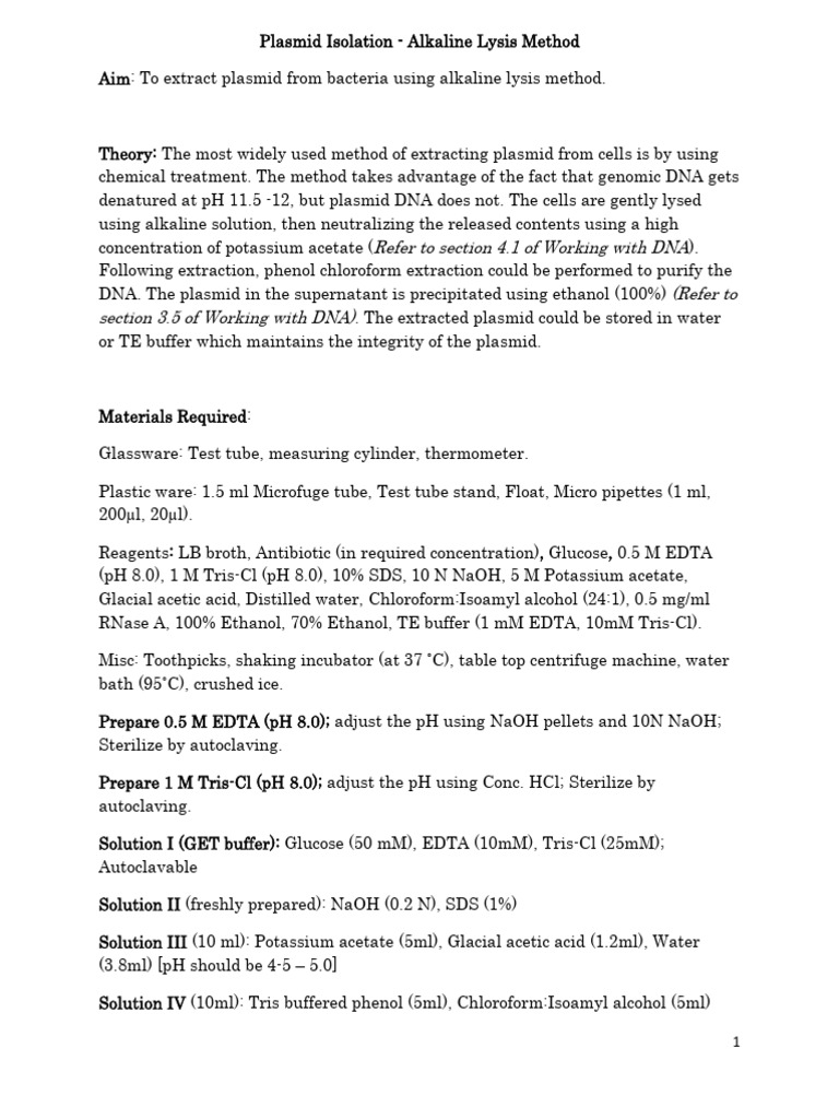 Plasmid Isolation - Alkaline Lysis Method | PDF | Chemistry | Biology