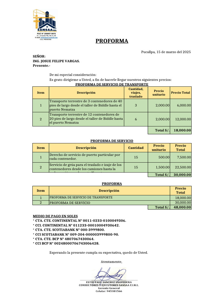 Proforma Sansaa Paul Sanchez | PDF | Infraestructura de transporte | Transporte