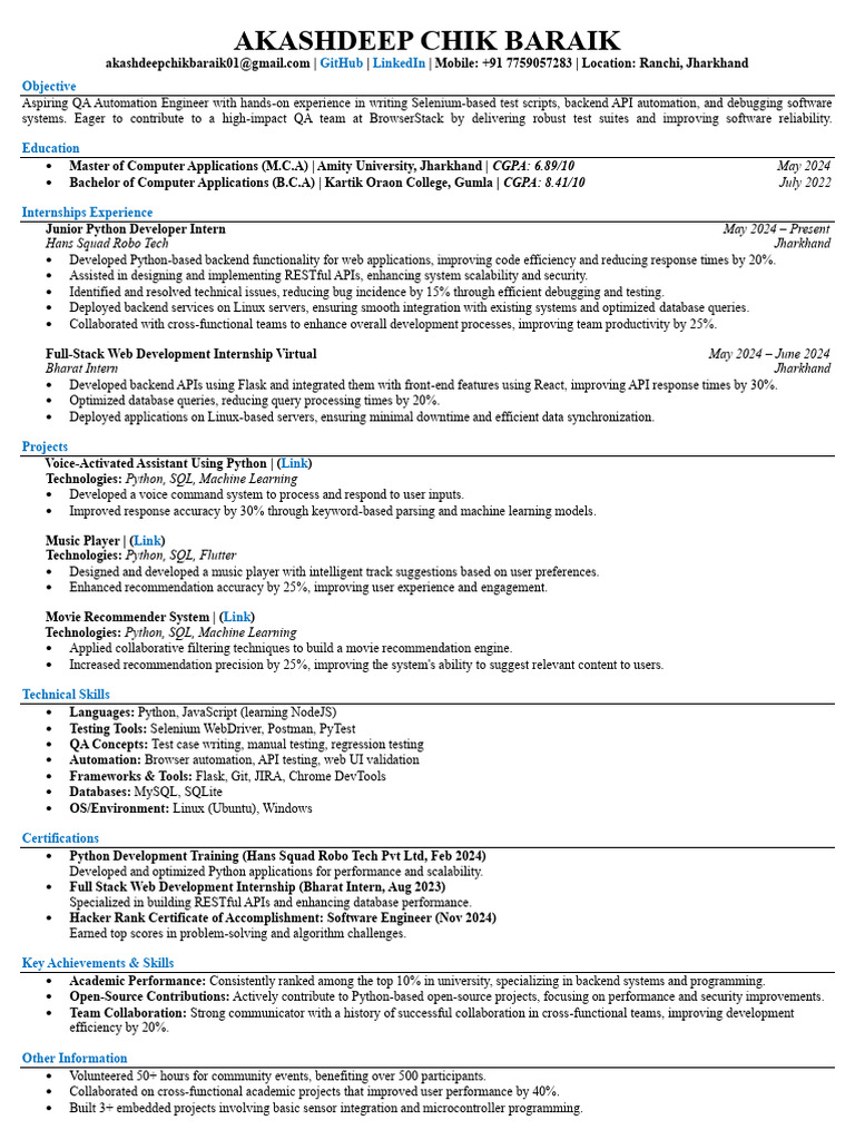 Resume - AKASHDEEP - CHIK - BARAIK - Fresher BrowserStack | PDF ...