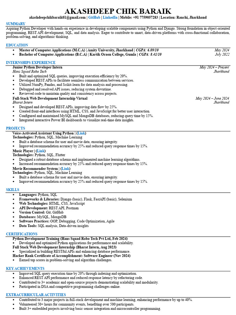 Resume - AKASHDEEP - CHIK - BARAIK - Fresher Bright Money | PDF | Web Development | Databases