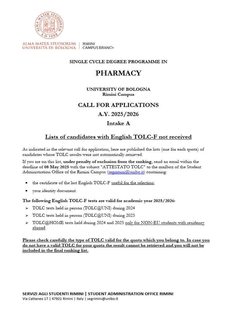 List of Candidates With English-TOLC-F Not Received - Pharmacy - Intake ...