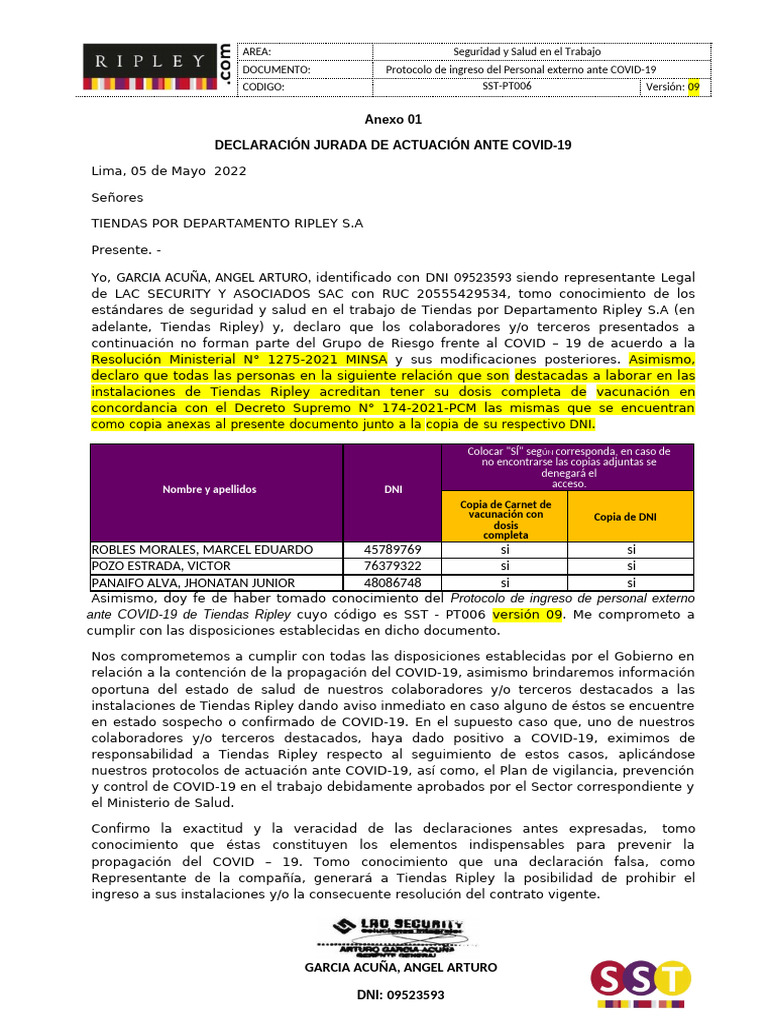 SST-PT006 Protocolo de Ingreso de Personal Externo Ante COVID - 19 | PDF