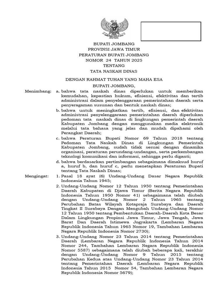 Perbup Nomor 24 Tahun 2025 - Tata Naskah Dinas | PDF