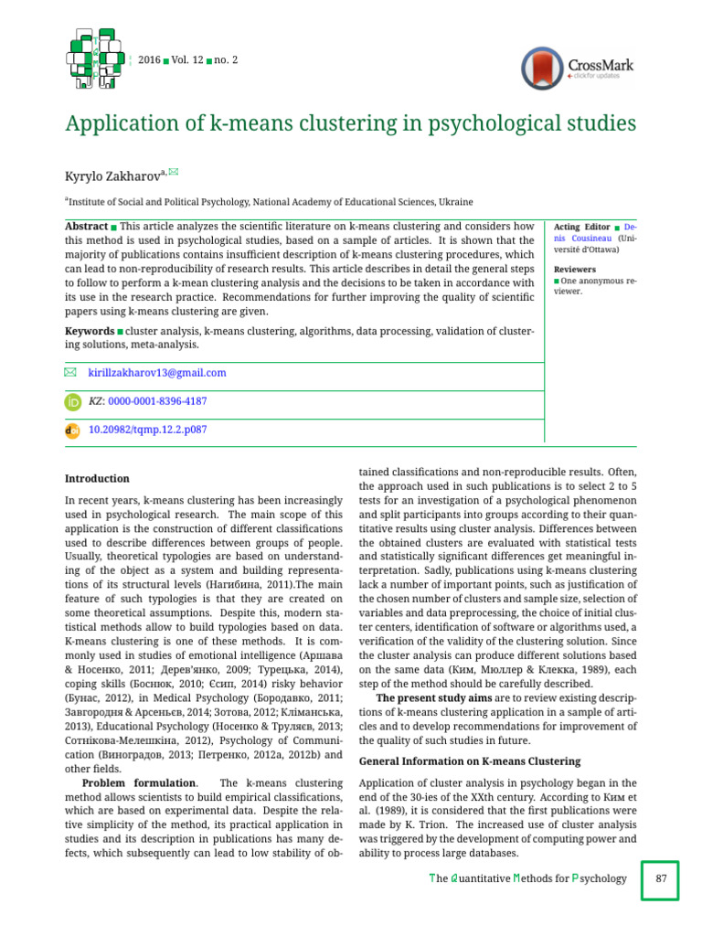 Application of K-Means Clustering in Psychological Studies | PDF | Cluster Analysis | Analysis ...