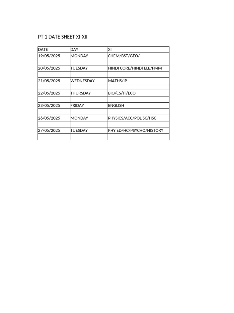 Xi-Xii Pt1 Date Sheet 2025-26 | PDF