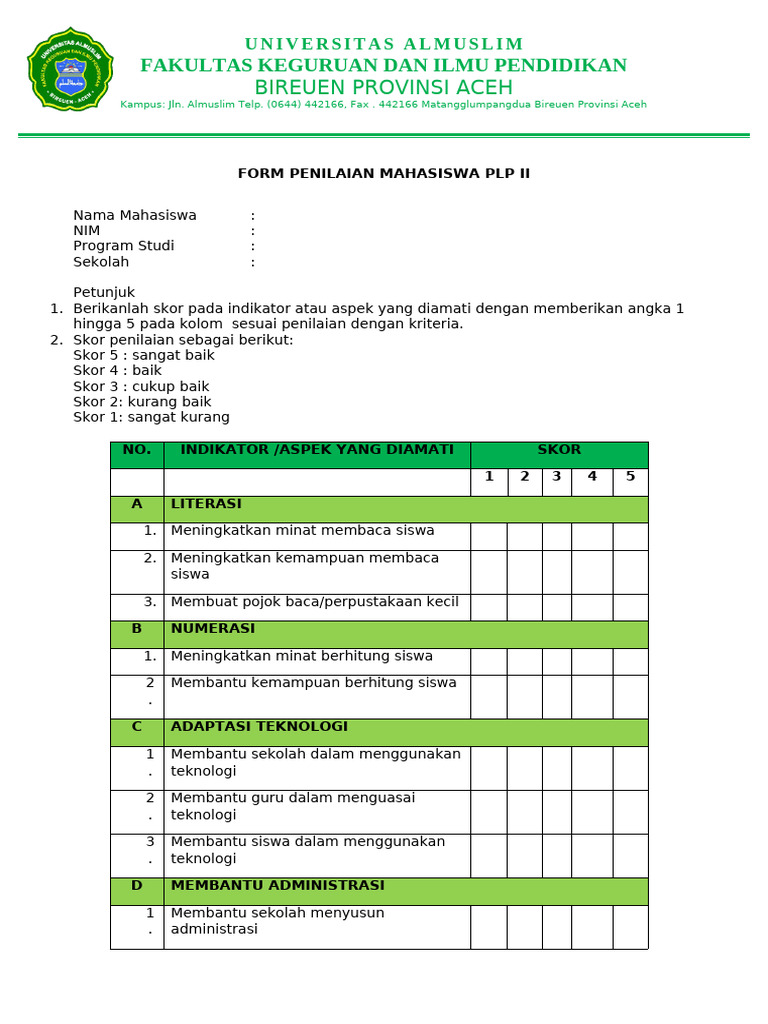 FORM PENILAIAN MAHASISWA ASISTENSI MENGAJAR | PDF