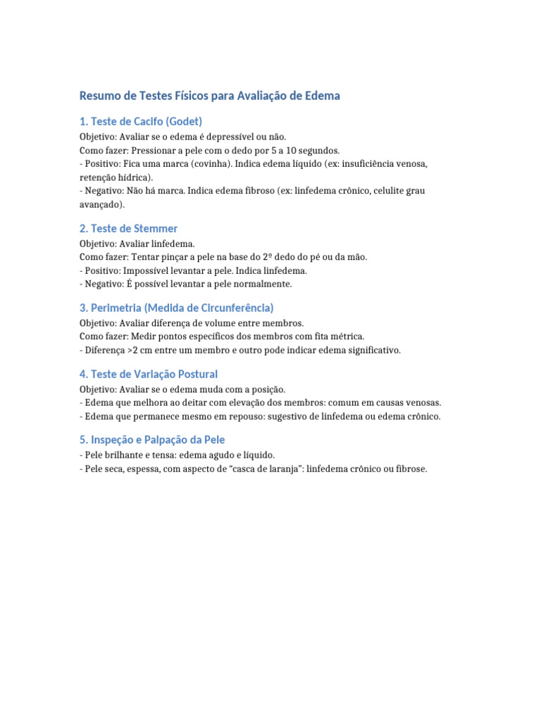 Avaliação de Edema: Testes e Métodos | PDF