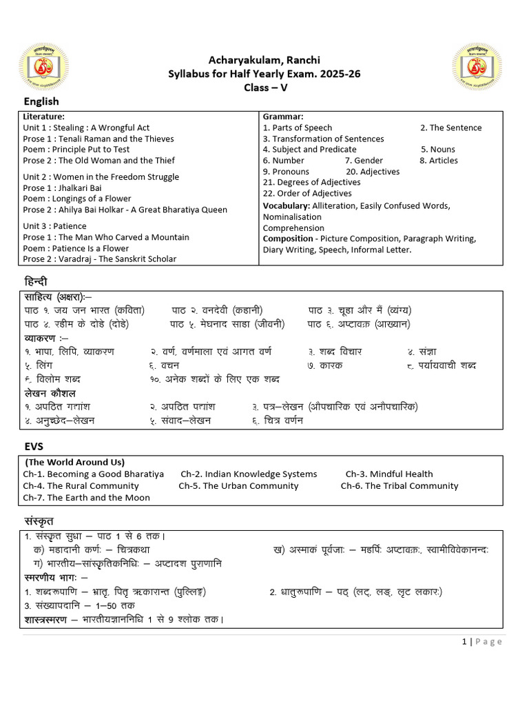 Class 5 Half Yearly Syllabus 2025-26 | PDF | Adjective | Linguistic ...