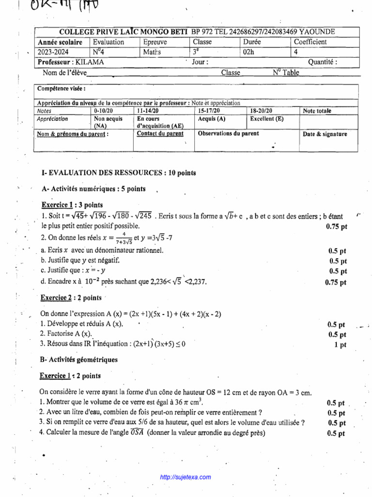 Évaluation Maths 3e - Année 2023-2024 | PDF | Mathématiques