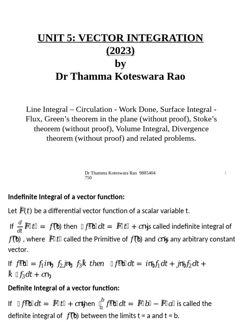 M - II (R23) UNIT - 5 - Vector Integration | PDF | Integral | Divergence