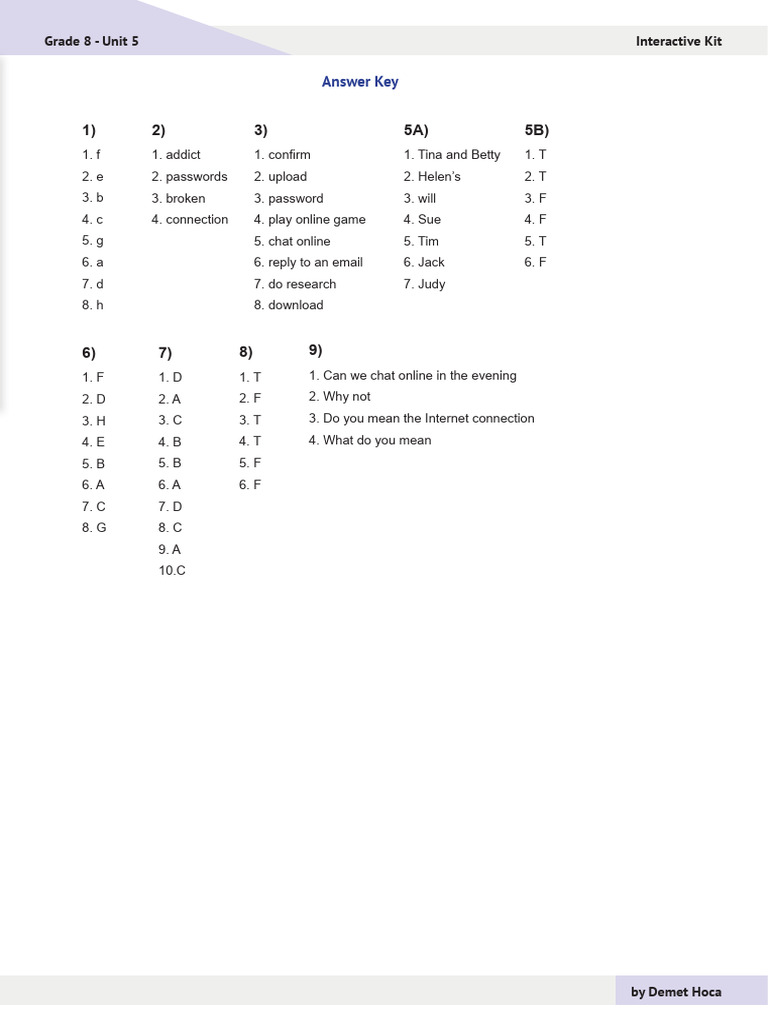 Grade 8 Unit 5 Answer Key | PDF