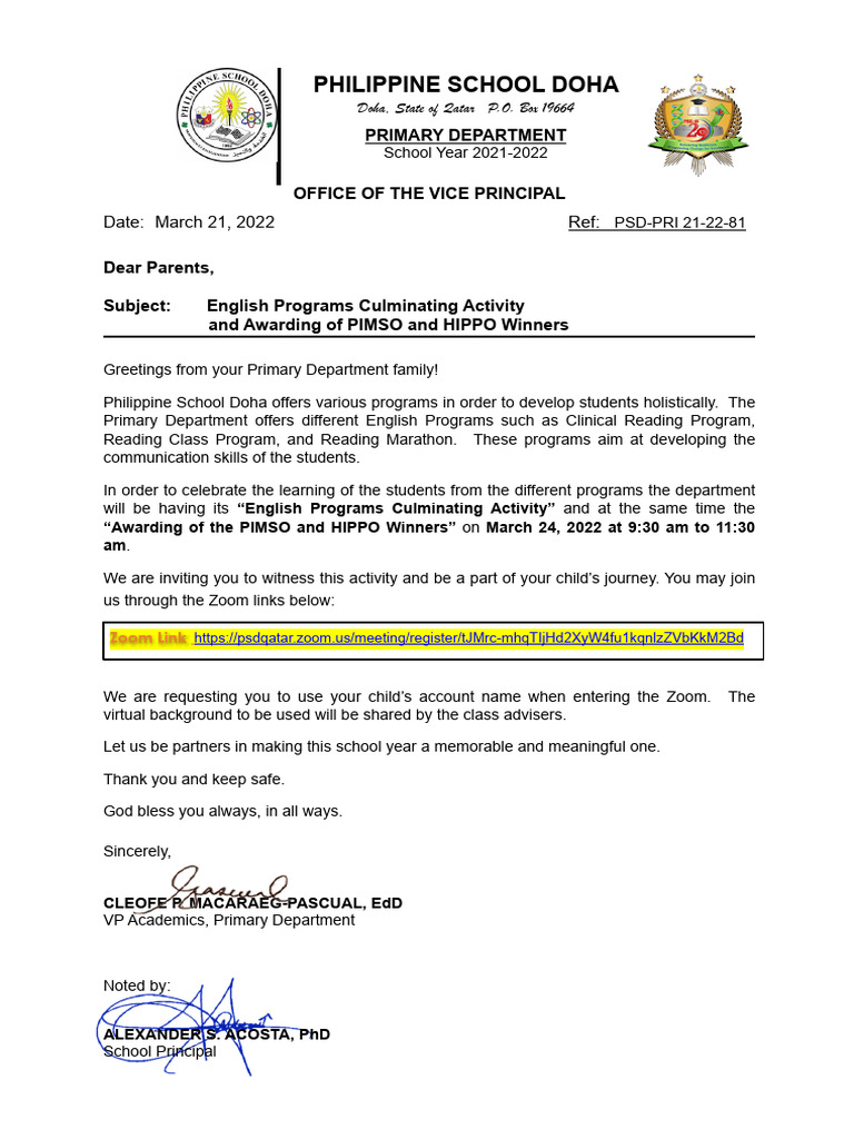 81 - Letter To Parents - Culminating of English Programs and Awarding 2 ...