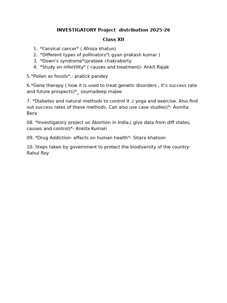 Class 12 Biology Project Topics 2025-26 | PDF