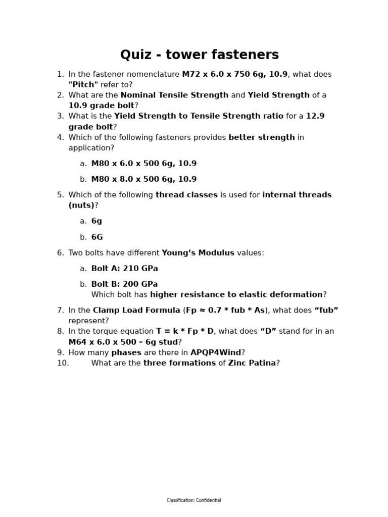 Quiz - Tower Fasteners | PDF