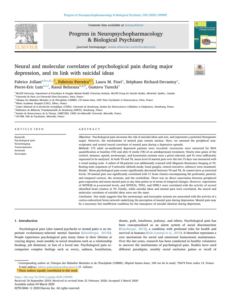 Neural and Molecular Correlates of Psychological Pain During Major ...